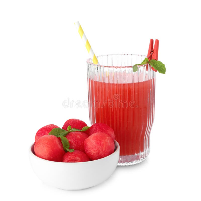 Tasty Watermelon Drink and Fresh Cut Fruit Isolated on White Stock ...