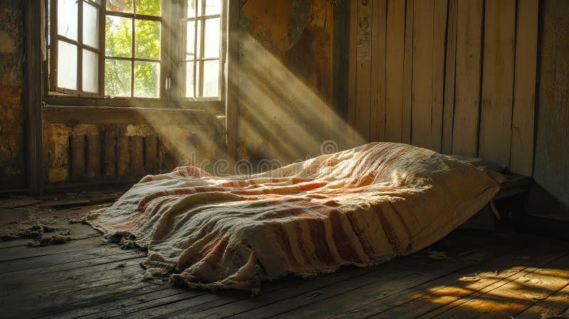 Tattered Blanket Draped Over it, Sunlight Piercing through Windows ...