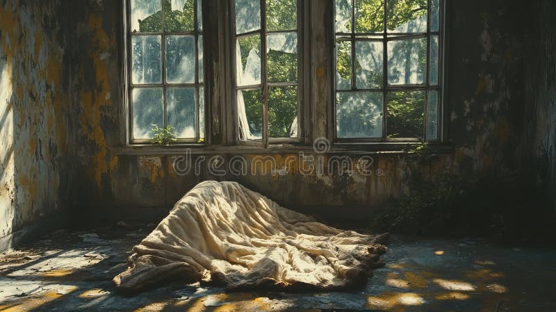 Tattered Blanket Draped Over it, Sunlight Piercing through Windows ...