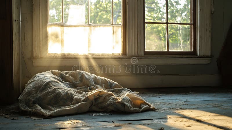 Tattered Blanket Draped Over it, Sunlight Piercing through Windows ...