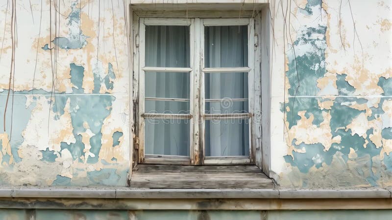 Tattered Curtains Billowing through Broken Window Frame, Exposing ...