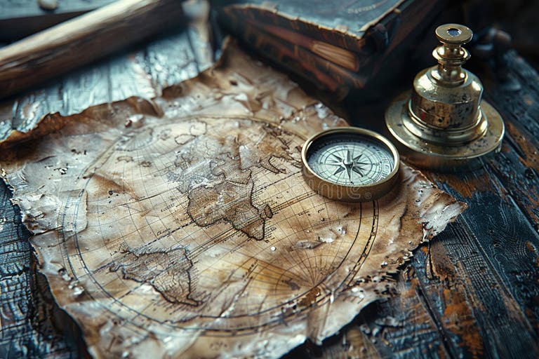 Tattered Map and Compass on an Explorers Table the Edges Blur with the Table Stock Photo - Image ...