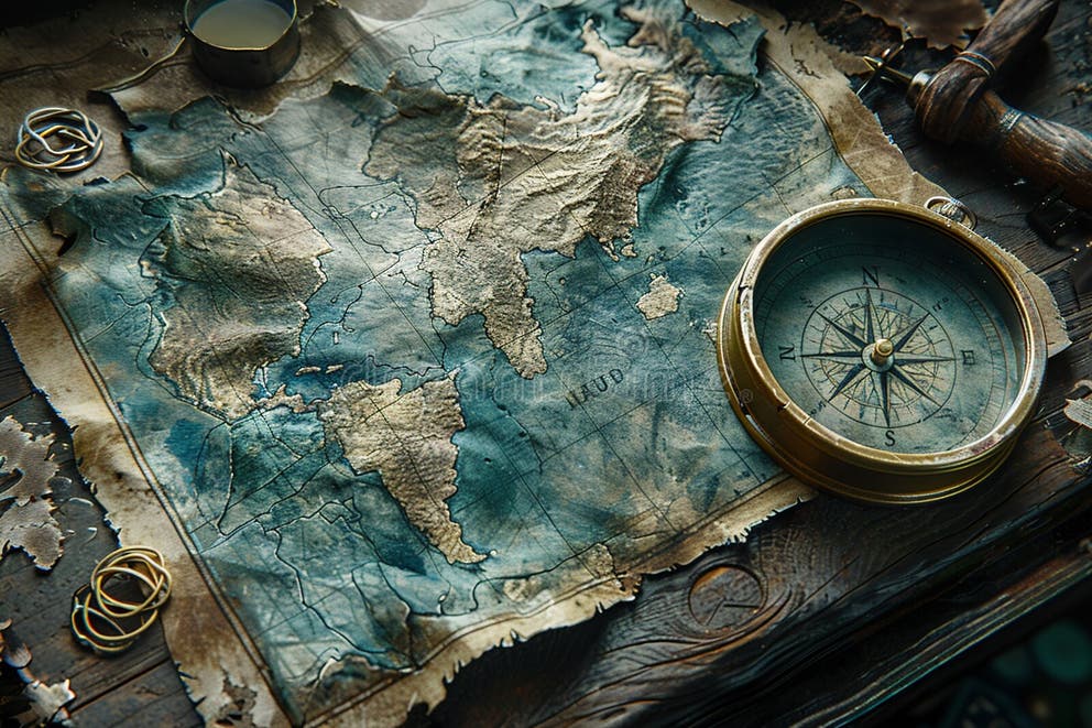 Tattered Map and Compass on an Explorers Table the Edges Blur with the ...