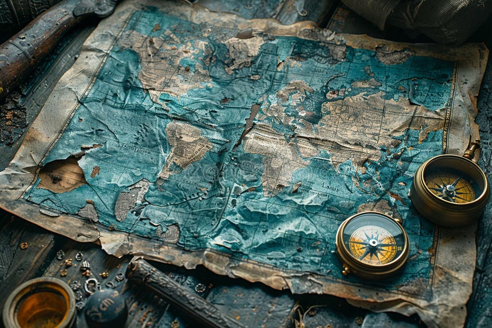 Tattered Map and Compass on an Explorers Table the Edges Blur with the ...
