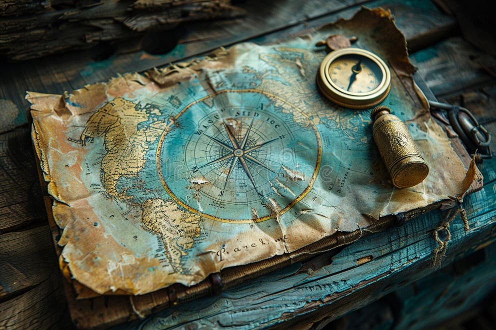 Tattered Map and Compass on an Explorers Table the Edges Blur with the ...