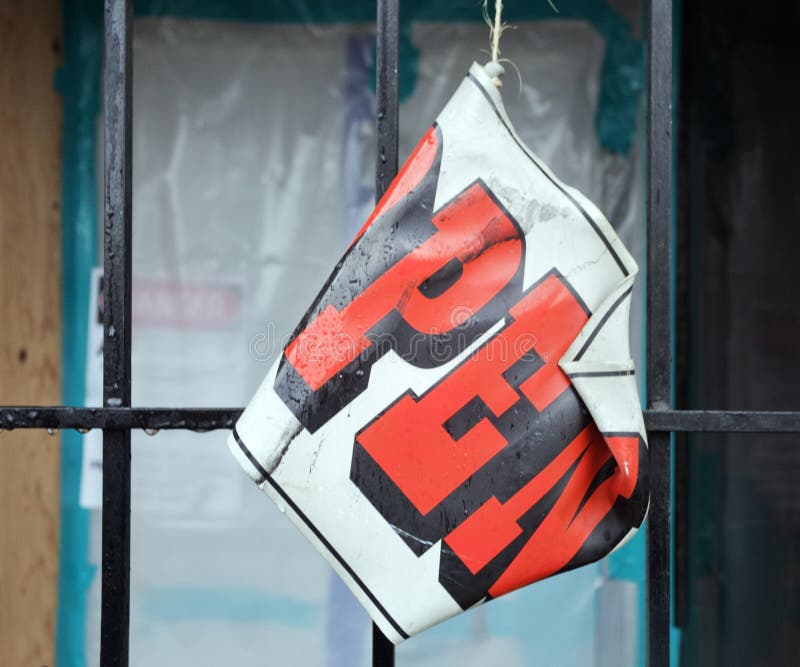 Tattered OPEN Sign Hanging from String Stock Photo - Image of handle ...