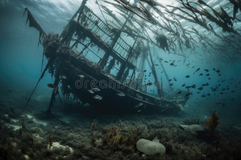 Tattered Sails and Broken Masts of Sunken Ship, Surrounded by Schools ...