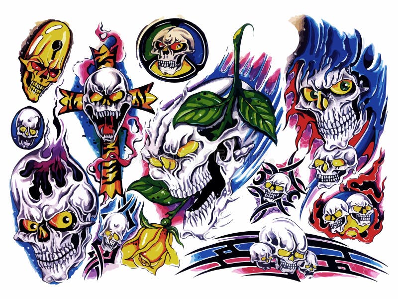 Newskool Skull Tattoo Flash Set. Set of Labels and Elements. Vector Set ...
