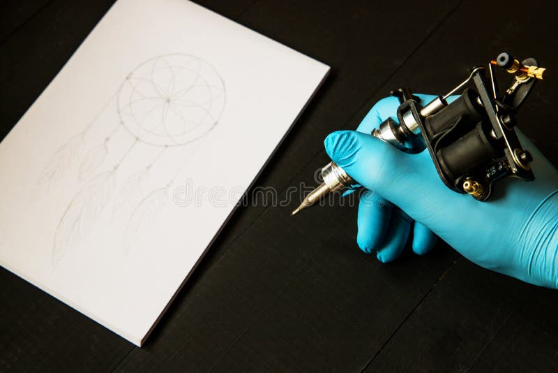 Tattoo Accesories with Tattoo Sketch Stock Photo - Image of design ...