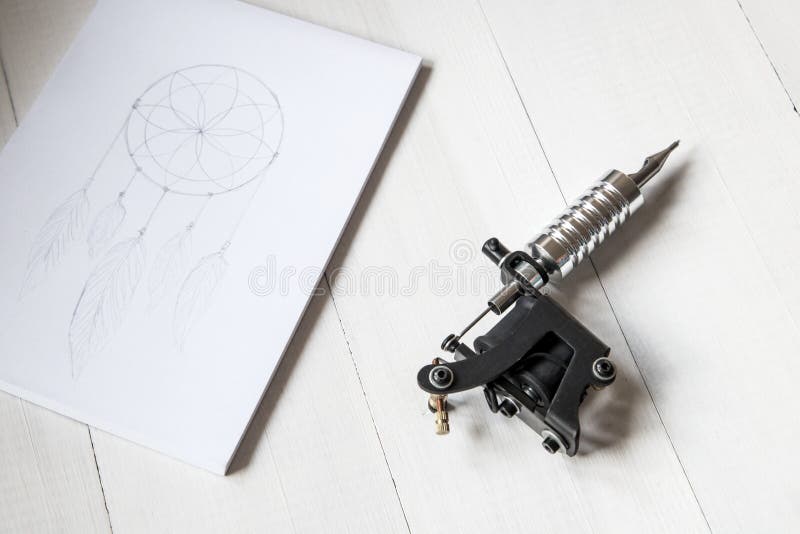 Tattoo Accesories with Tattoo Sketch Stock Image - Image of artist ...