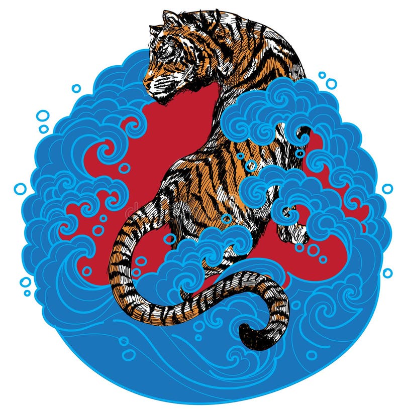 Tattoo Art Tiger in the Blue Water Stock Illustration - Illustration of traditional, monster ...