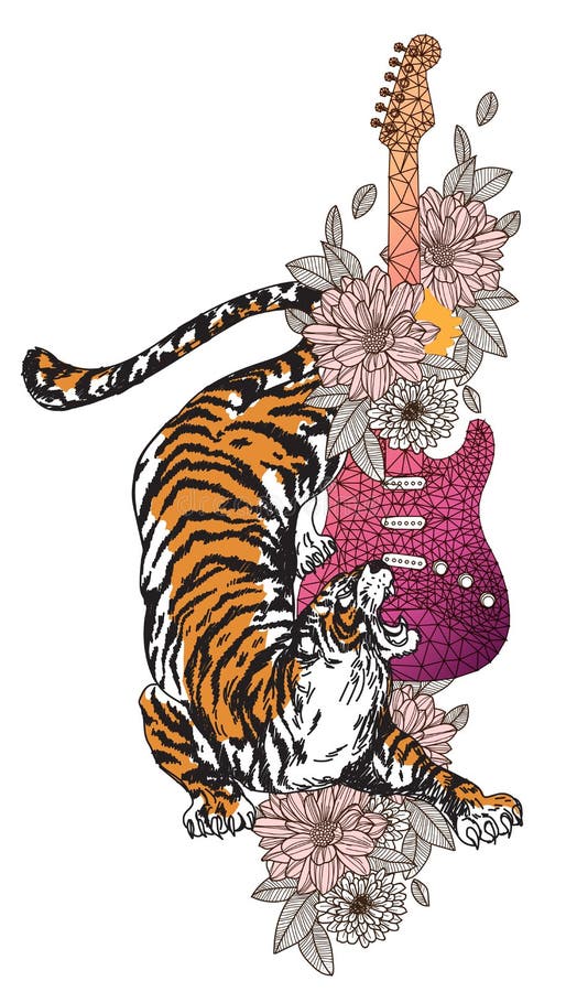 Tattoo Art Tiger and Guitar Hand Drawing and Sketch Stock Vector ...