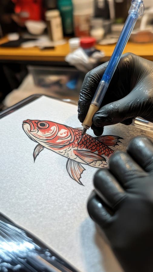 Tattoo Artist Creating Colorful Fish Design with Precision Techniques ...