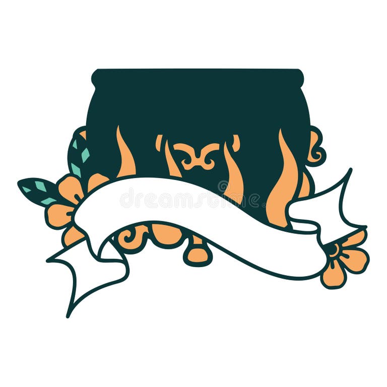 Tattoo with Banner of Lit Cauldron Stock Vector - Illustration of ...