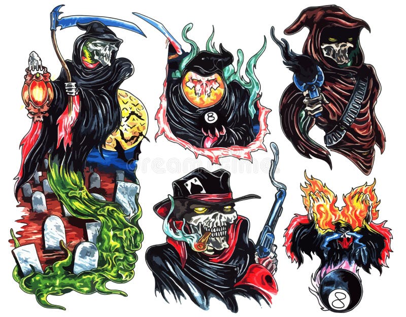 Death Tattoo Flash Set. Set of Horror Labels and Elements. Vector ...