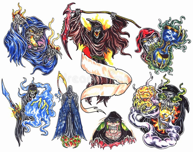 Death Tattoo Flash Set. Set of Horror Labels and Elements. Vector ...