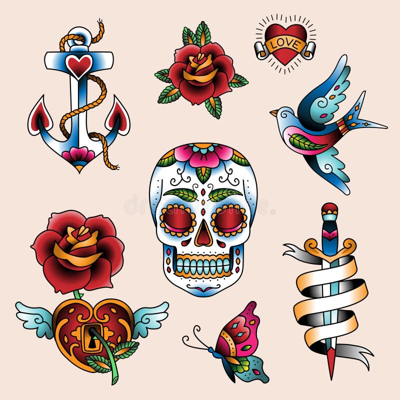 Tattoo set stock vector. Illustration of rose, sailor - 32819053