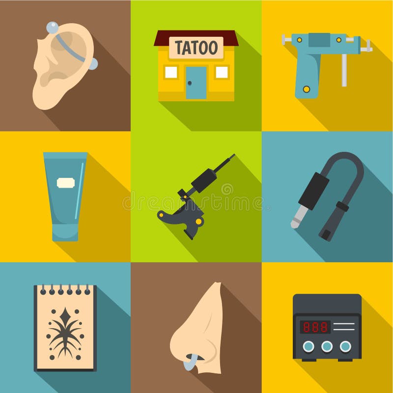 Tattoo Shop Icons Set, Flat Style Stock Vector - Illustration of logo ...