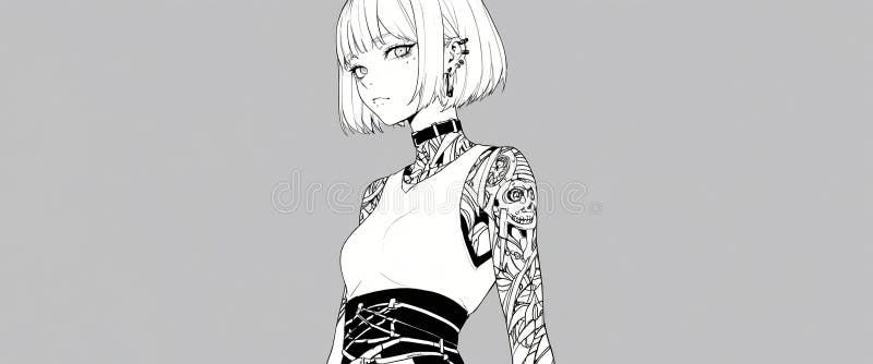 Tattoo Sketch in Anime Style in Black and White. Stock Illustration ...