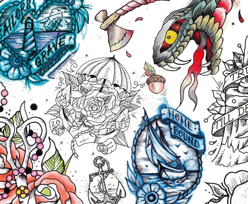 Tattoo SketchBook. Set of Labels and Elements. Vector Set Illustration ...