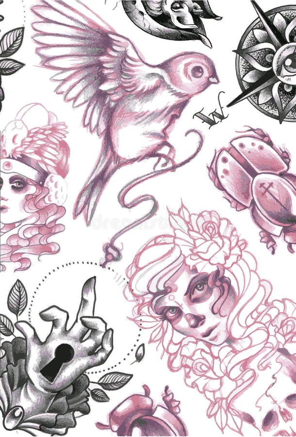 Tattoo SketchBook. Set of Labels and Elements. Vector Set Illustration ...