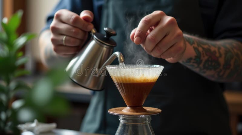 Tattooed Barista Carefully Preparing Coffee Using a Pour Over Method ...