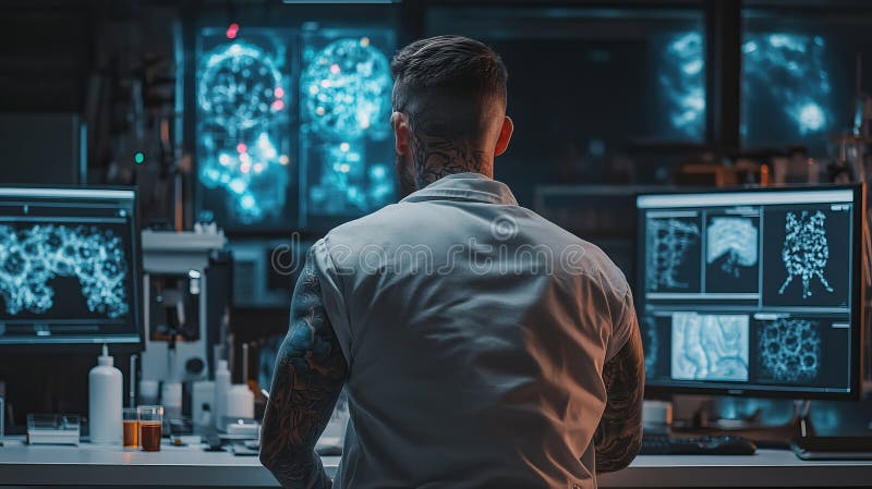 A Tattooed Doctor in a High-tech Lab, Holding a Holographic Patient ...