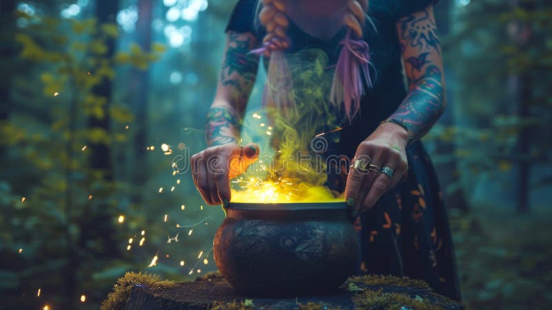 Tattooed Woman Making a Magical Potion in the Forest. a Witch Brews a ...