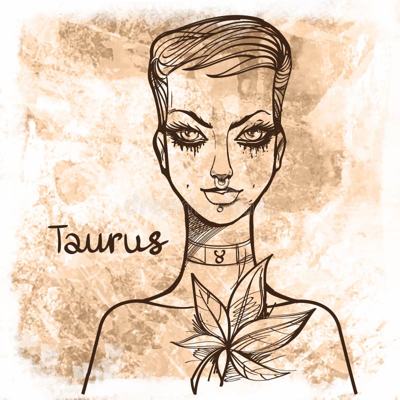 Taurus in Vintage Style. Portrait of a Girl Stock Vector - Illustration ...