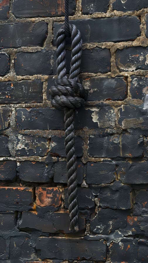 A Taut Black Rope with a Knot Hangs from a Weathered Brick Wall in a ...