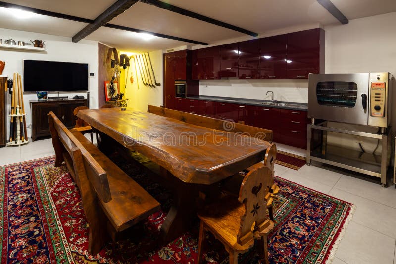 Tavern in a Private House with a Large Wooden Table Stock Image - Image ...