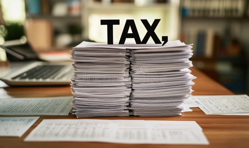 Tax Documents Piled High on Desk with Laptop and Paperwork in ...