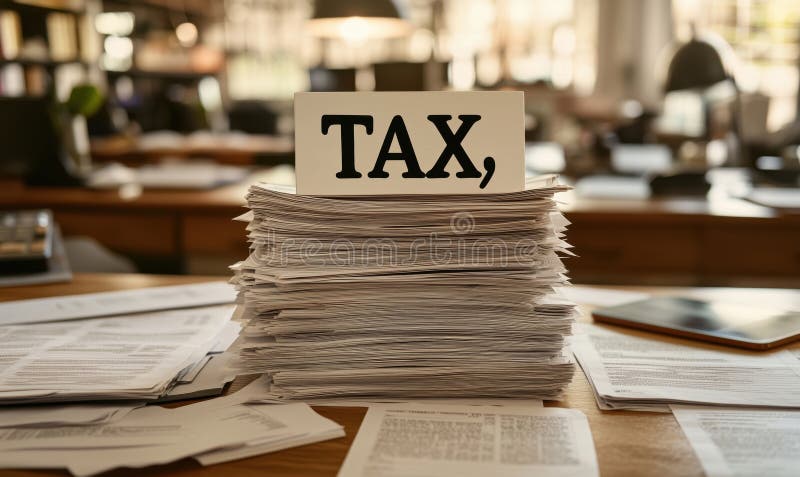 Tax Documents Piled High in Office Setting with Paperwork and Cluttered ...