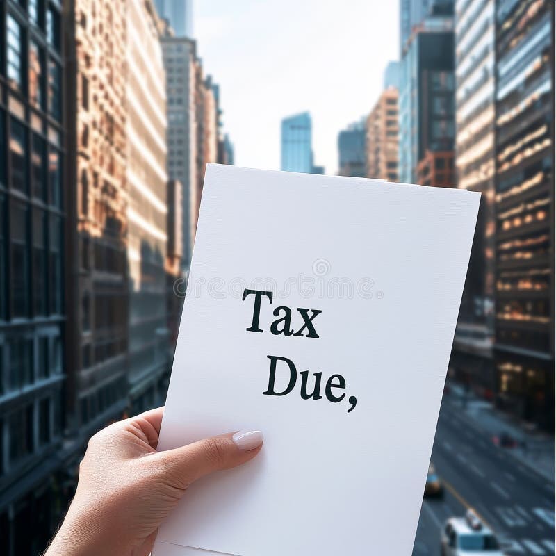 Tax Levy Hand Holding a Tax Due Notice with a City Backdrop Stock ...