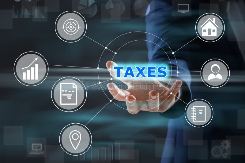 Tax. Man Demonstrating Scheme with Icons Stock Image - Image of ...