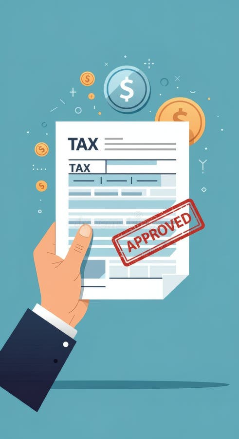 Tax Refund Approval Document in Hand with Financial Symbols and ...
