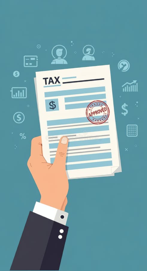 Tax Refund Approval Document in Hand with Financial Symbols and Official Stamp for Successful ...