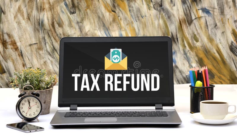 Tax Refund Icon on Office Laptop Screen Stock Image - Image of finance ...