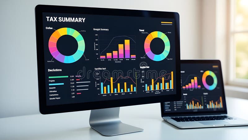 Tax Summary on a Digital Screen with Colorful Pie Charts and Bar Graphs ...