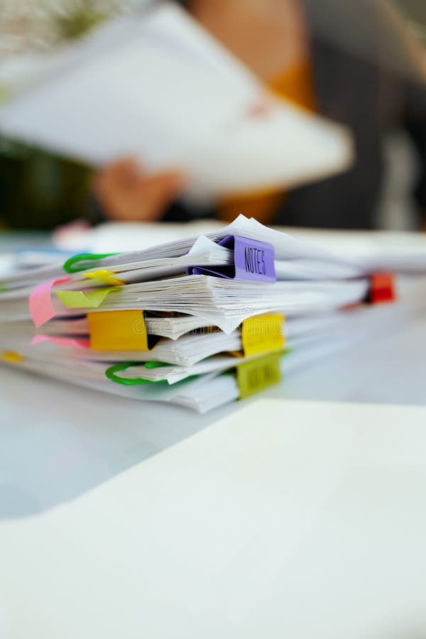 Tax Time. Documents and Accountant Woman in Background Working Stock ...
