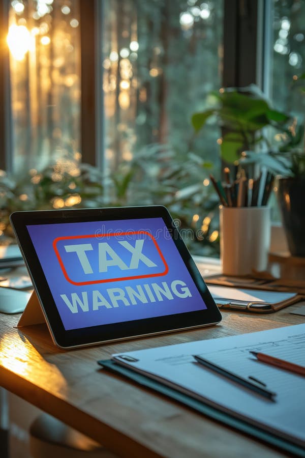 Tax Warning Display on Tablet in a Bright, Organized Workspace during ...
