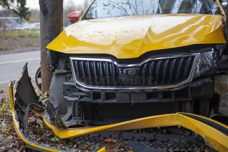 The Taxi Car Crashed into a Pole Stock Photo - Image of crossing ...