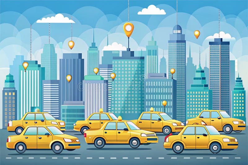 Taxi Riding Against the City Backdrop with Customer Orders Stock ...