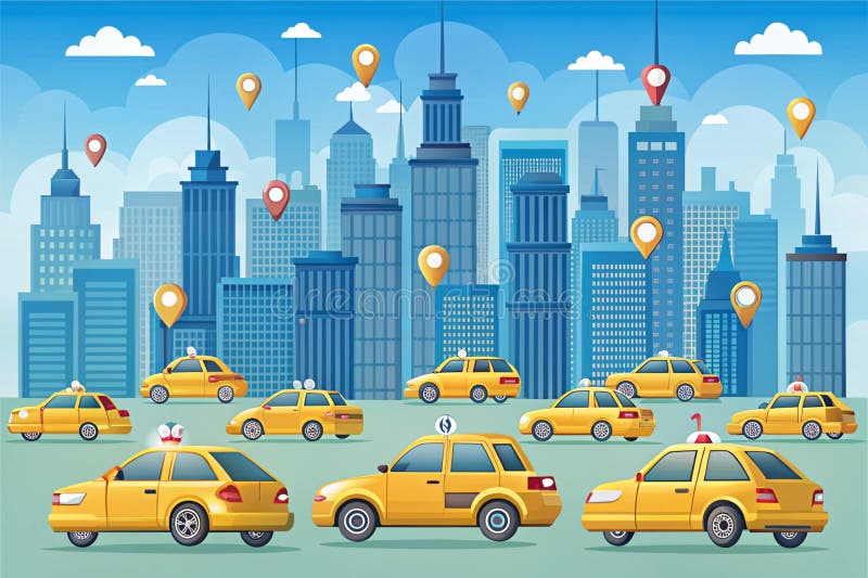 Taxi Riding Against the City Backdrop with Customer Orders Stock ...