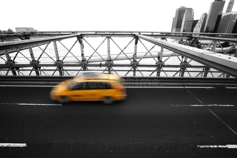 Taxi Rushing on New York Brooklyn Bridge Stock Image - Image of sunny ...