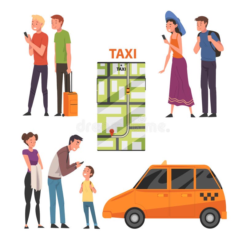 Taxi Service, Collection of People Calling Taxi Car or Using Mobile ...