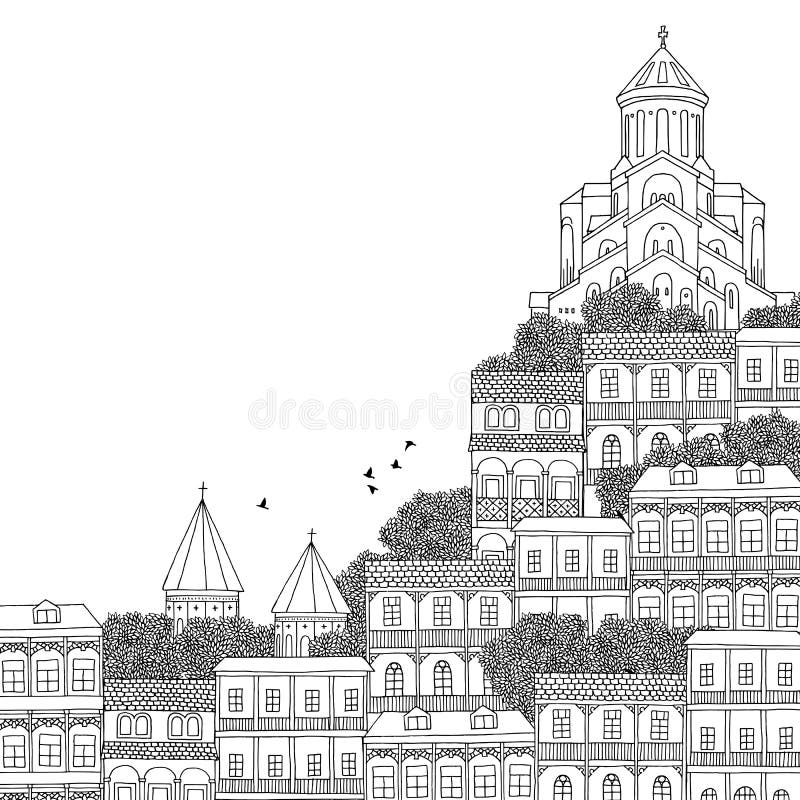 Tbilisi, Georgia - Hand Drawn Black and White Illustration Stock Vector ...
