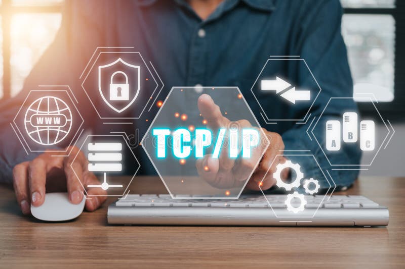 Person Hand Using Computer and Hand Touching Tcp Ip Icon on Virtual ...