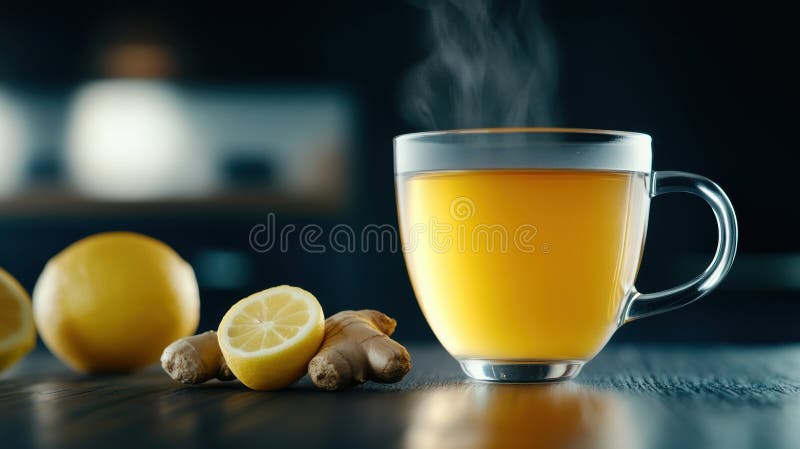 Tea Advertisement, Rustic Table Displaying Ginger Lemon Tea in a Glass ...