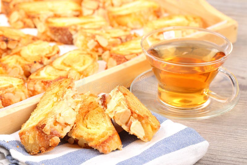 Tea and almonds crackers stock image. Image of confectionery - 50625967